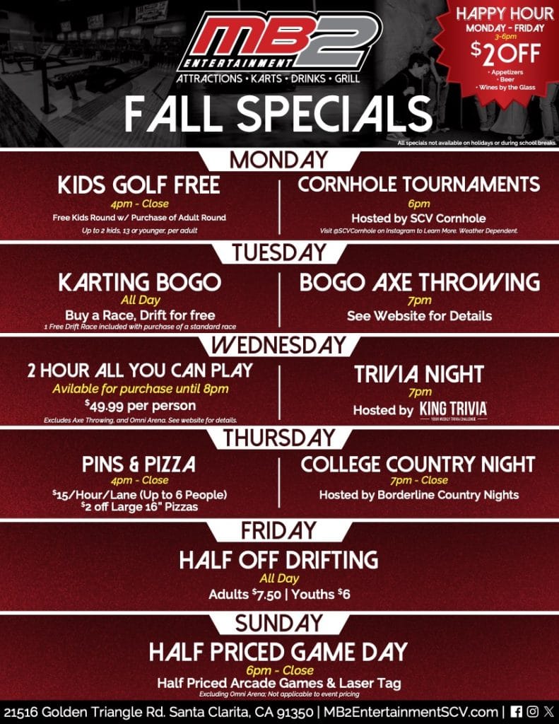 Fall Weekly Specials: Now Live! - MB2 Entertainment